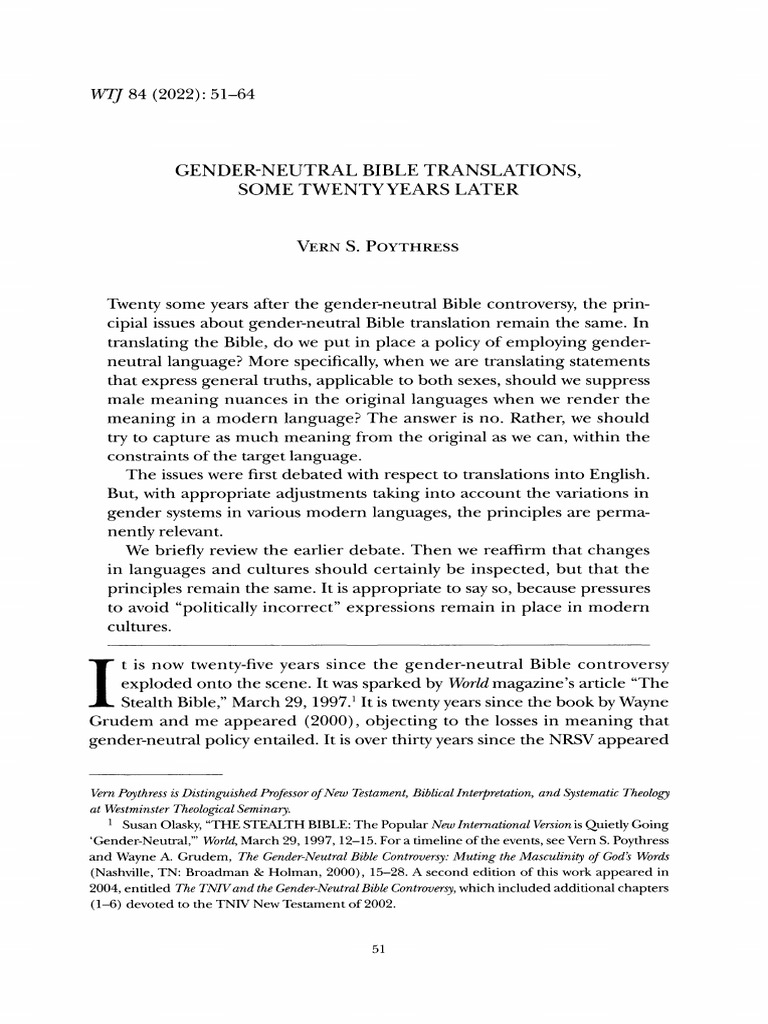 GENDER-NEUTRAL BIBLE TRANSLATIONS, SOME TWENTY YEARS LATER - Vern S ...