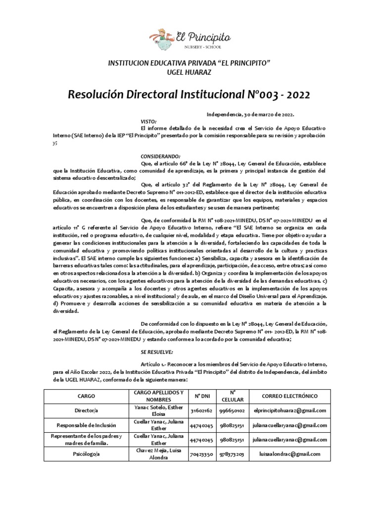 Conformación del SAE en IEP "El Principito" | PDF | Institución