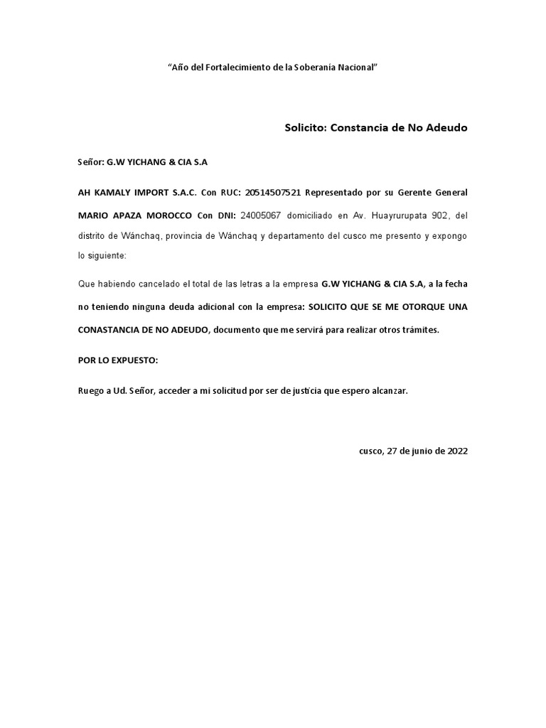 Solicitud de No Adeudo | PDF