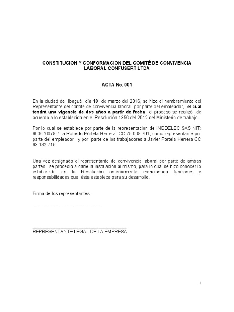 Actas De Nombramiento Convivencia Laboral Pdf Gobierno