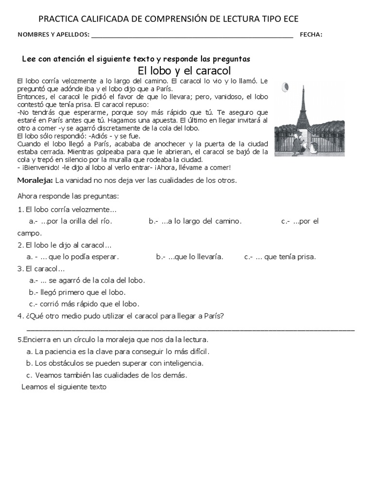 PRACTICA CALIF DE COMPRENSIÓN DE LECTURA TIPO ECE Fabula El Lobo y El Caracol | PDF | Poesía ...