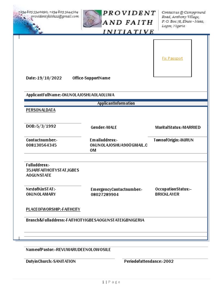 Provident and Faith Applicant Reg Form | PDF