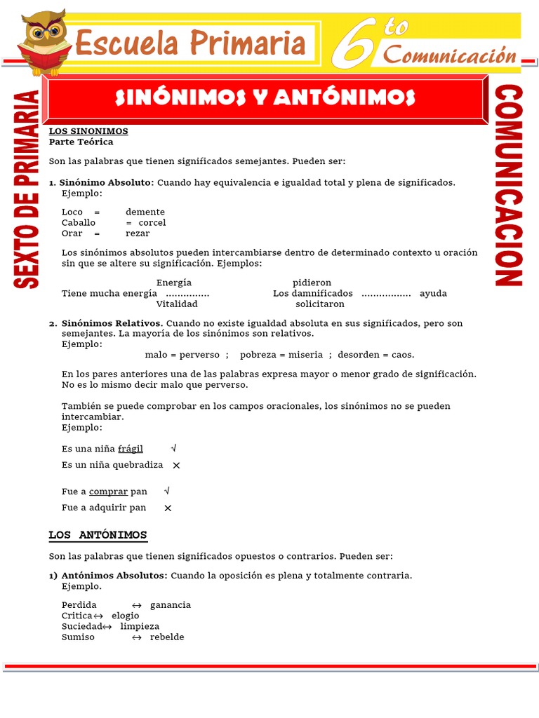 Sinónimos y Antónimos para Sexto Grado | PDF | Lingüística