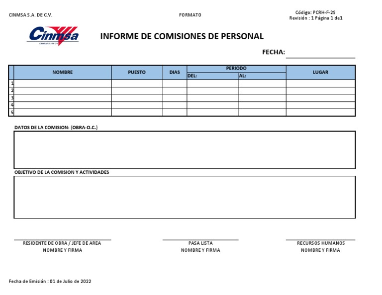 PCRH-F-29 Formato Comisiones | PDF