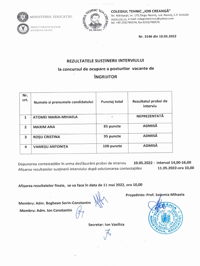 REZULTATE INTERVIU - CONCURS INGRIJITOR - 10 Mai 2022 | PDF