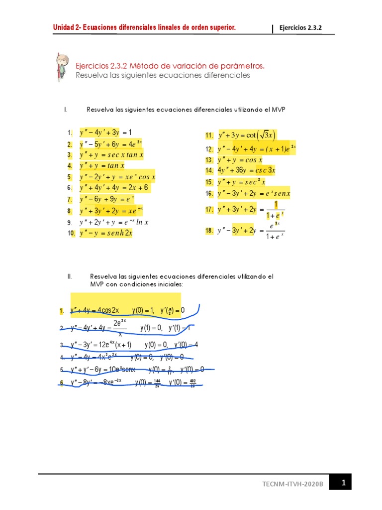 Ejercicios 2.3.2 - Metodo de Variacion de Parametros | PDF | Ecuaciones ... Ejercicios 2.3.2 - Metodo de Variacion de Parametros | PDF | Ecuaciones ...