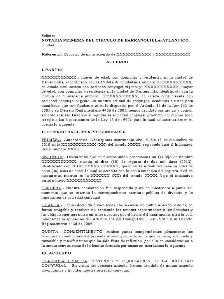 Minuta Acuerdo Divorcio Mutuo | PDF | Divorcio | Propiedad de la comunidad