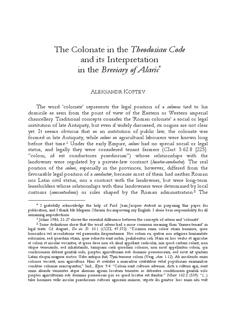 Koptev. The Colonate in The Theodosian Code and Their Interpretation in ...