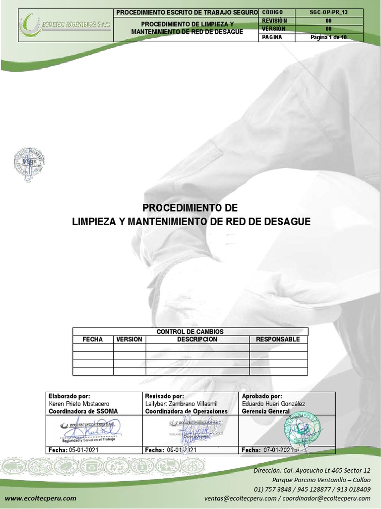 SGC-OP-PR-13 - Procedimiento de Limpieza y Mantenimiento de Red de Desague | PDF | Residuos | Bomba