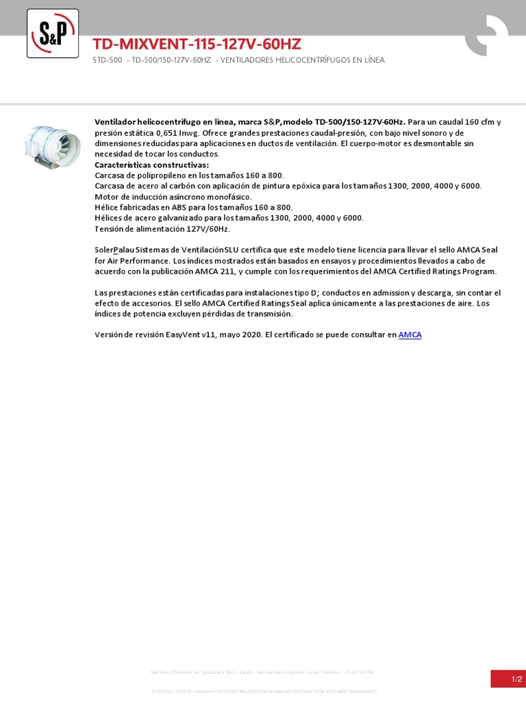 TD-500150-127V-60Hz (5TD-500) - Ventiladores Helicocentrífugos en Línea ...