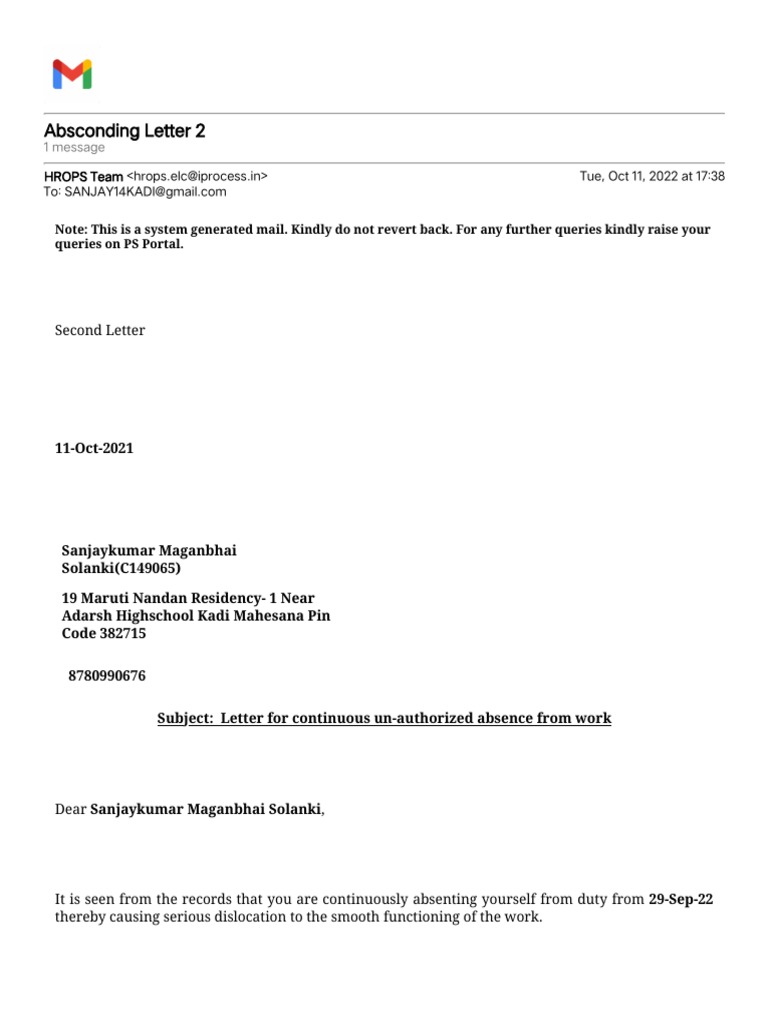 Gmail - Absconding Letter 2 | PDF | Justice | Crime & Violence