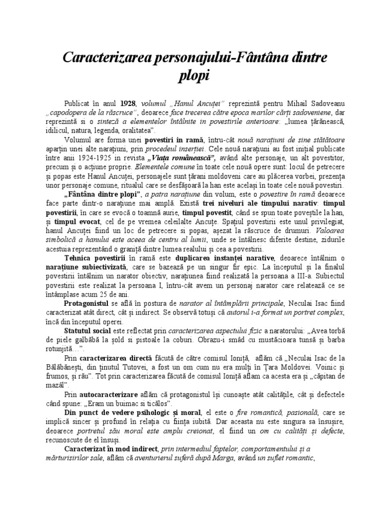 Caracterizarea Personajului-Fantana Dintre Plopi | PDF