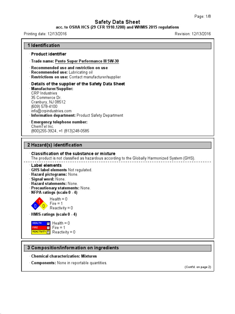 Pentosin SDS Motor Oil Pento SP III 5W 30 EN 1 | PDF | Safety | Chemistry