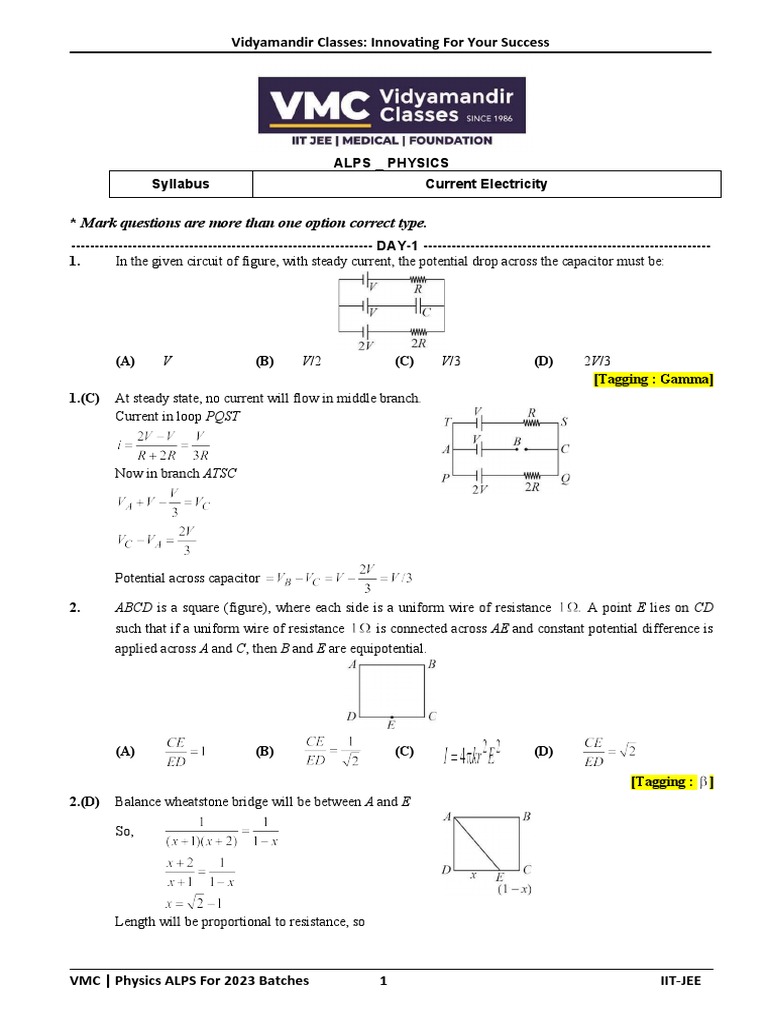 01 Physics ALPS For 2023 Batches - Question | PDF | Voltage | Physical ...