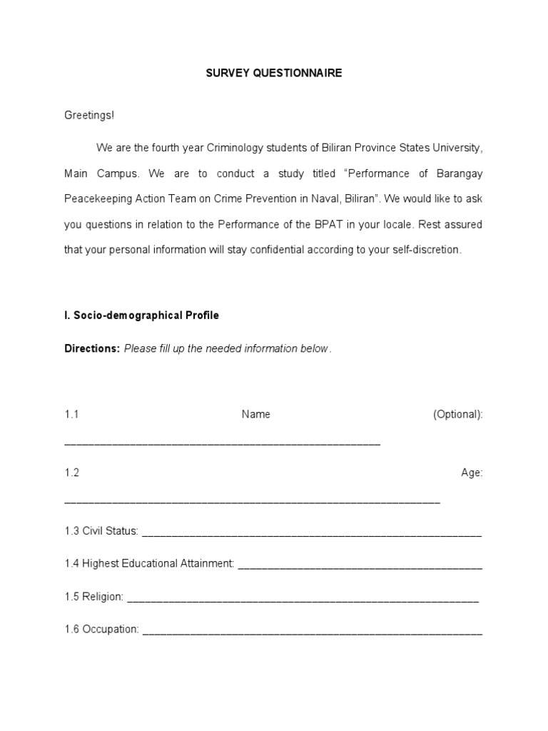 Survey Questionnaire Villo | PDF | Police | Crime & Violence