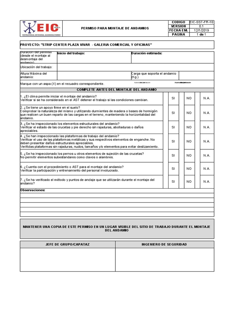 Eic-Sst-Fr-10 - Permiso Montaje de Andamio | PDF | Andamio
