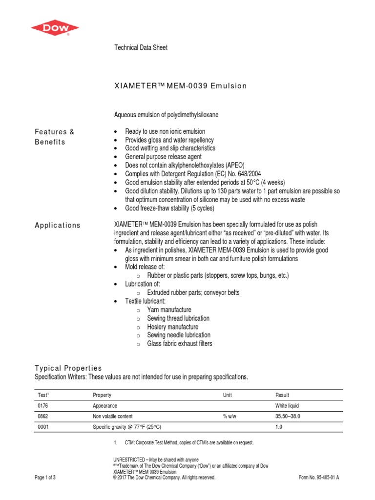 95 405 01 Xiameter Mem 0039 Emulsion | PDF | Emulsion | Chemistry
