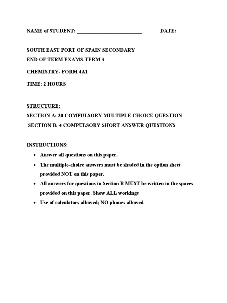 Chemistry Exam Term 3 EOT Form 4 | PDF | Chemical Compounds | Ion