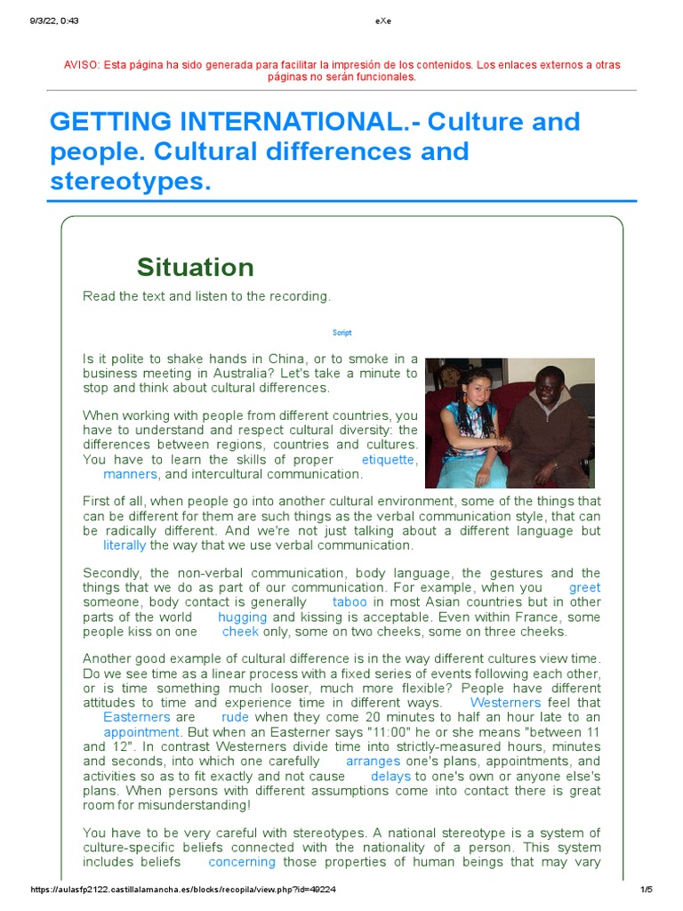 UNIT 1-GETTING INTERNATIONAL. - Culture and People. Cultural ...