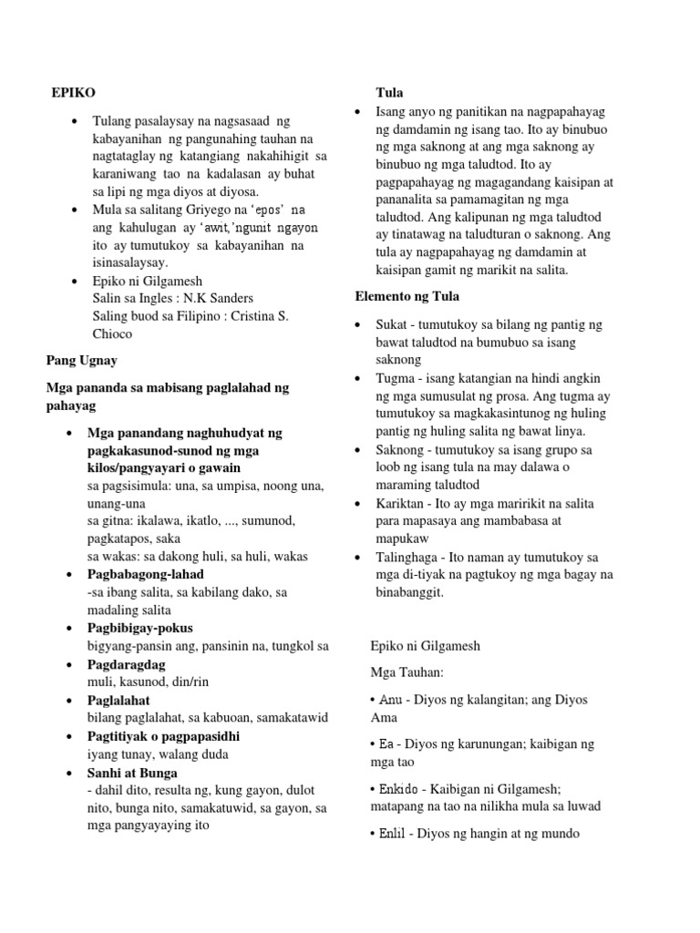 Filipino 10 - Epiko Reviewer | PDF