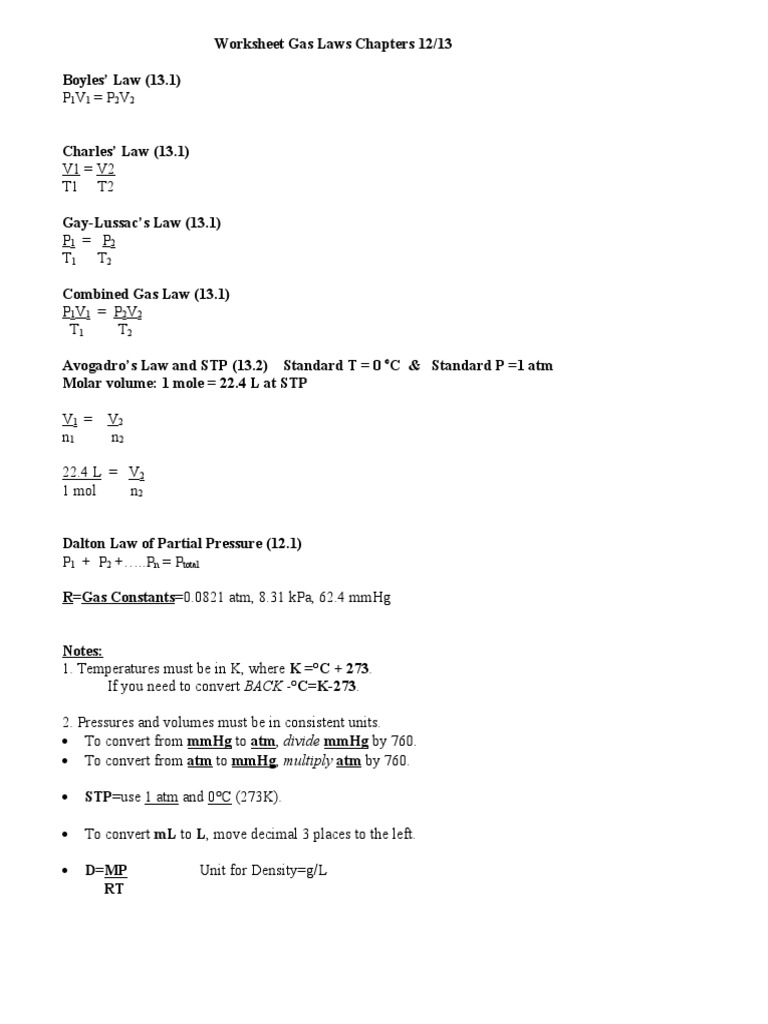 Gas Laws Worksheet | Download Free PDF | Gases | Atmosphere Of Earth