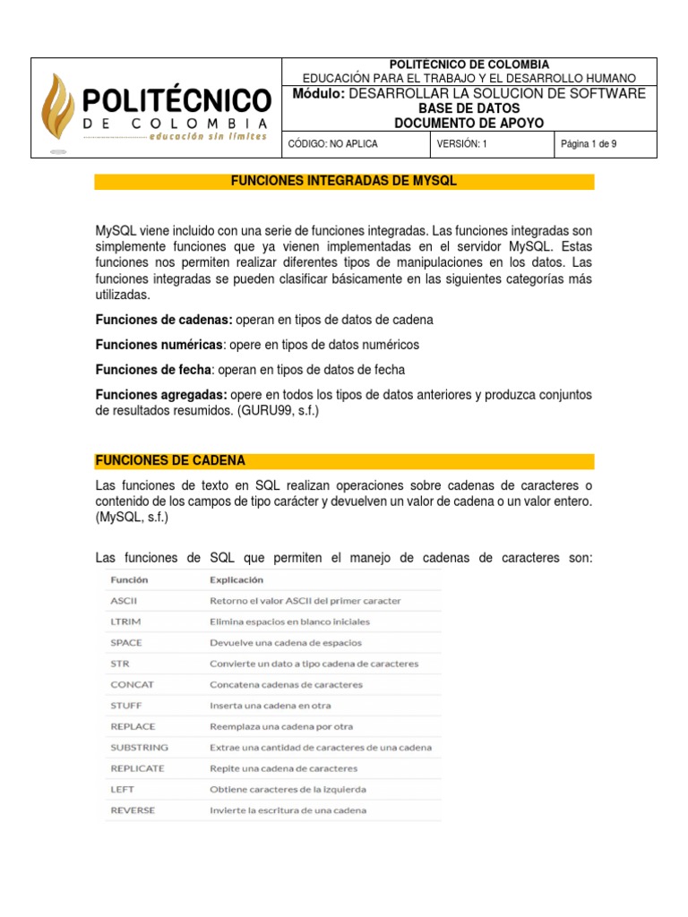 Funciones de MySQL | PDF | SQL | Mi sql
