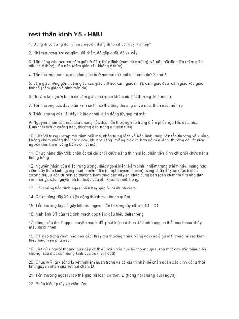 Test Thần Kinh Y5 - HMU | PDF