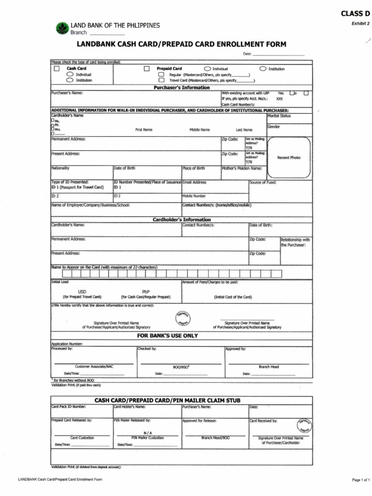 Landbank Cash Card Prepaid Card Enrollment Form | PDF Landbank Cash Card Prepaid Card Enrollment Form | PDF