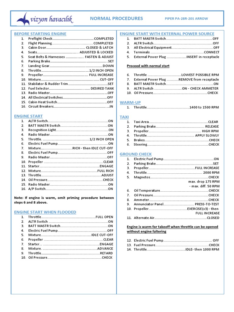 PA-28R-201 Arrow Engine Start Procedures | PDF | Throttle | Brake