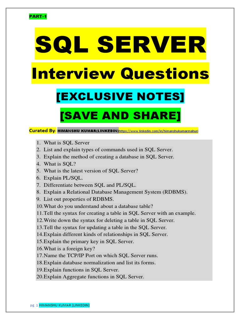 Sql Server Interview Questions Pdf Relational Database Sql 