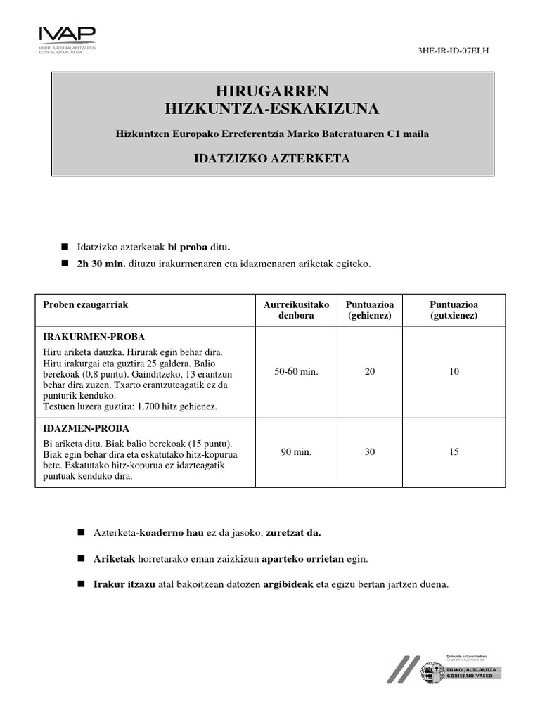 Hirugarren Hizkuntza-Eskakizuna: Idatzizko Azterketa | PDF