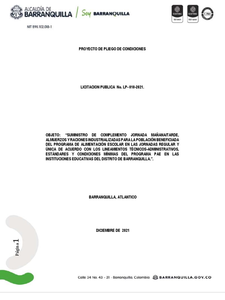 Proyecto de Pliego de Condiciones Pae 2022 | PDF
