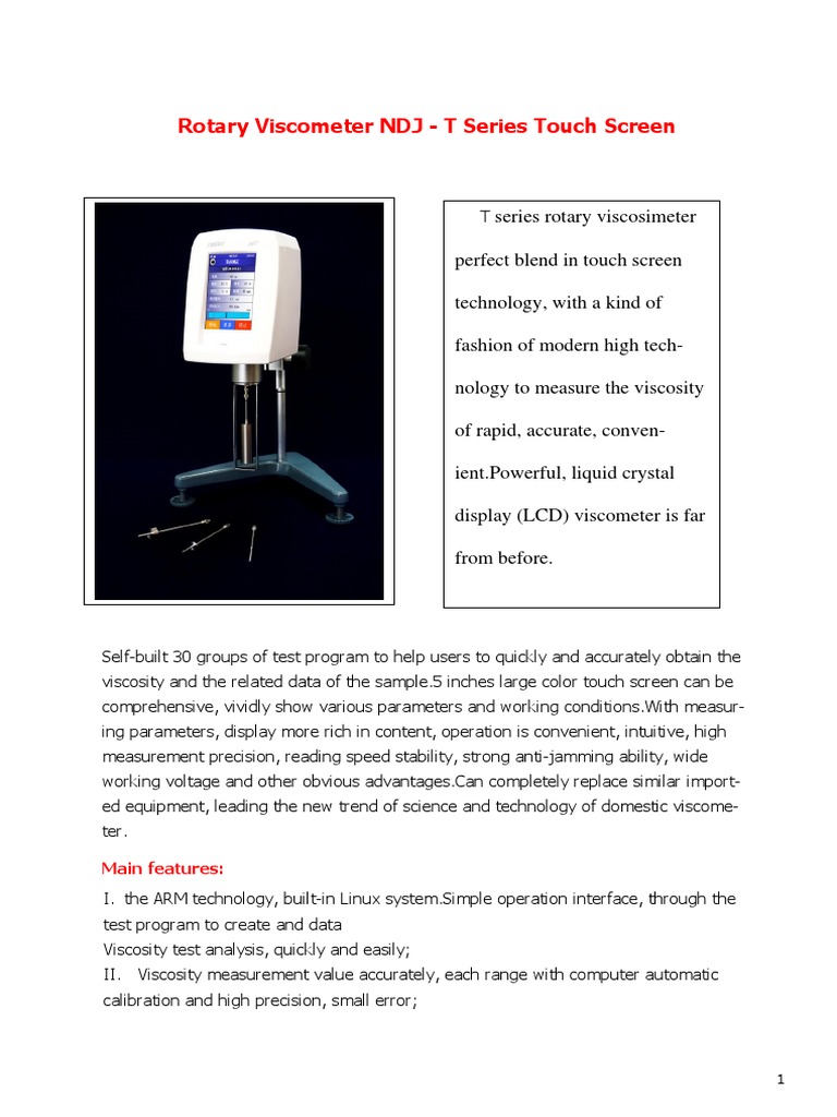 Rotary Viscometer NDJ - 5T Series Touch Screen | PDF | Viscosity | Manufactured Goods