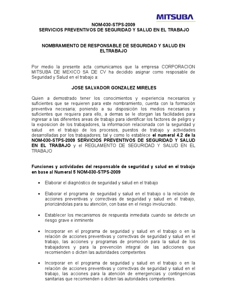 Designación de Responsable NOM-030-STPS-2009 | PDF
