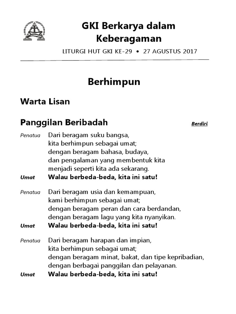 Liturgi HUT GKI 2017 (Umat) | PDF | Ilmu Sosial | Kajian Bahasa Asing