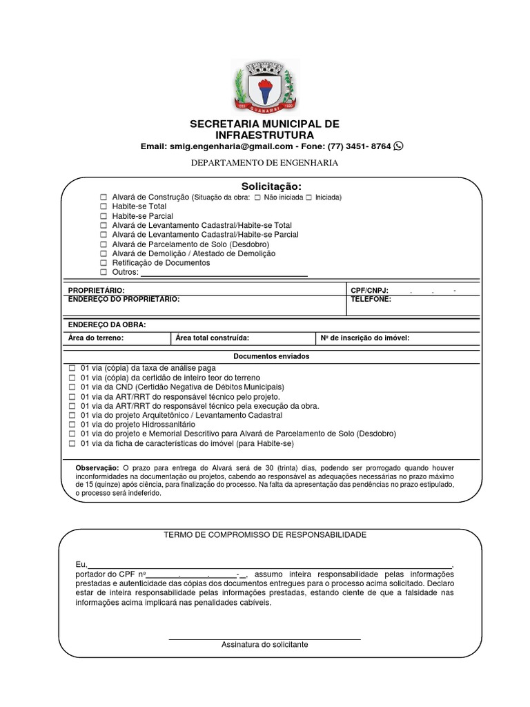 Formulário de solicitação de alvará, habite-se ou outros documentos ...