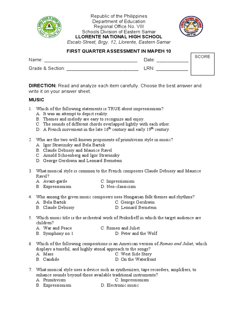 MAPEH 10 First Quarter Assessment Guide | PDF | Acupressure | Acupuncture
