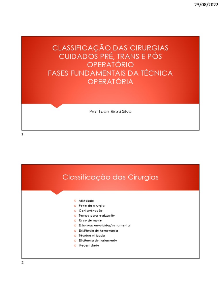 02 Classificação Das Cirurgias, Cuidados Pré Trans e Pos Operatorios ...