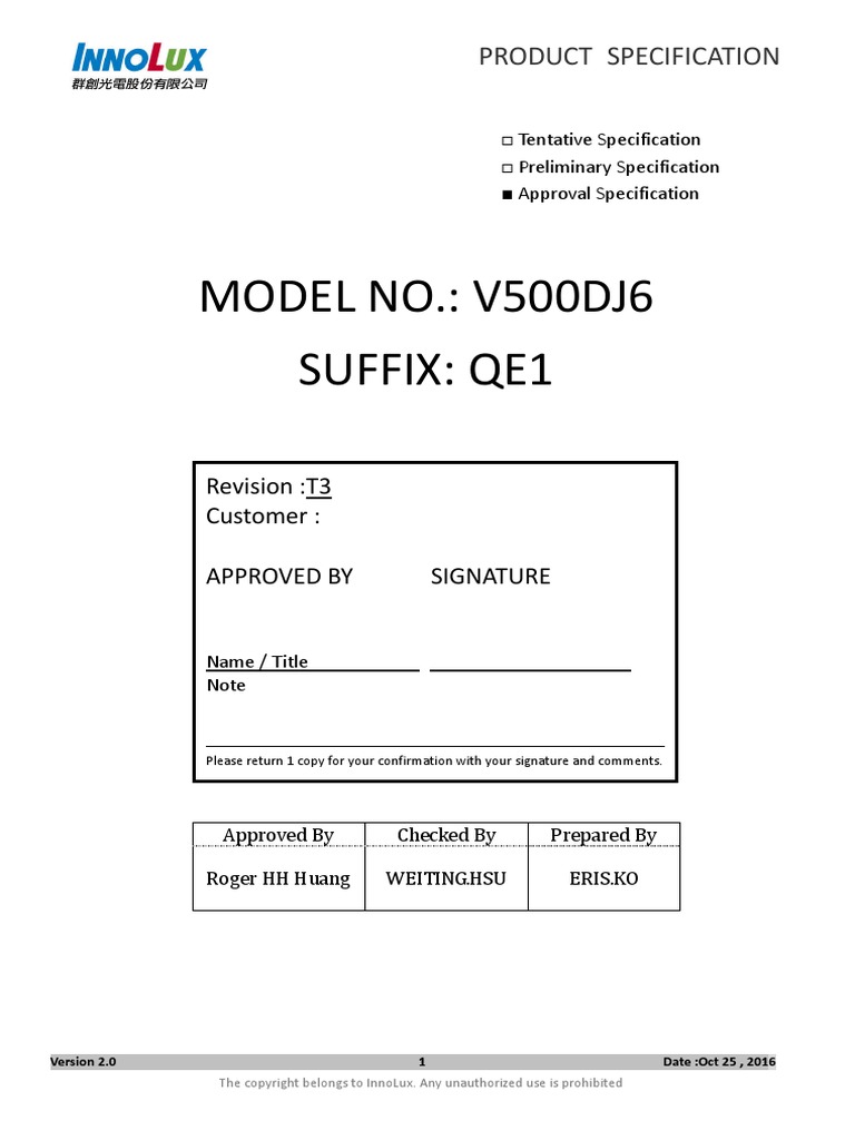 V500DJ6 Qe1 Innolux | PDF | Electronics | Computer Engineering