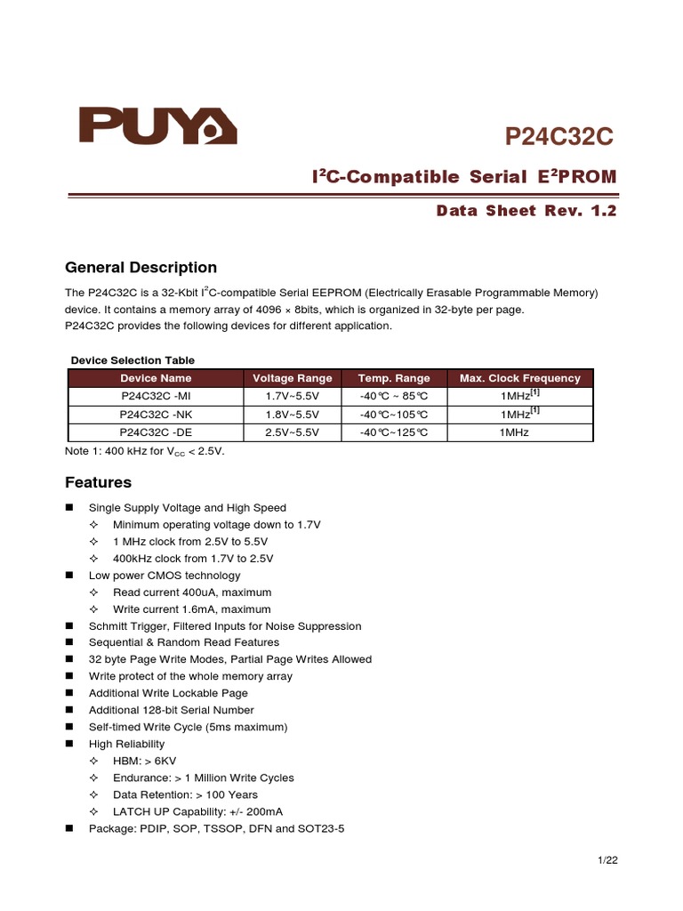 I2C-Compatible 32-Kbit Serial E2PROM Data Sheet | PDF | Bit | Pointer (Computer Programming)