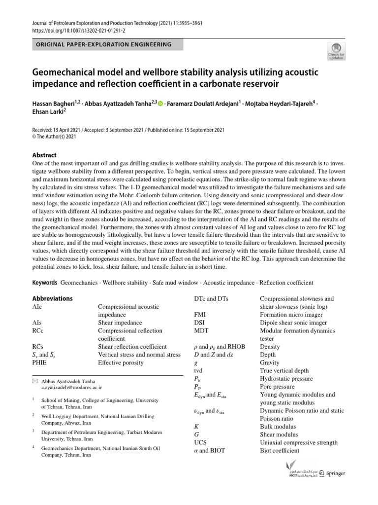 Geomechanical Model and Wellbore Stability Analysis Utilizing Acoustic Impedance and Reflection ...