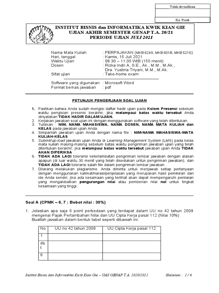 Soal UAS Perpajakan Genap 20-21 | PDF