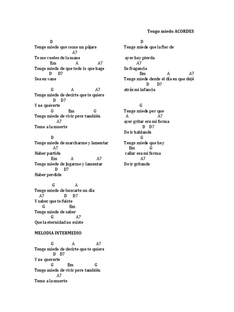 Acordes y letra de "Tengo Miedo" | PDF