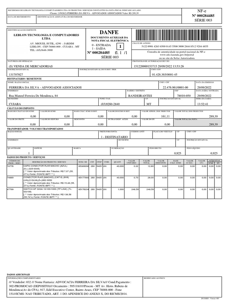 DANFE - Nota Fiscal Nº 000.284.485 | PDF | Recibo | Contabilidade