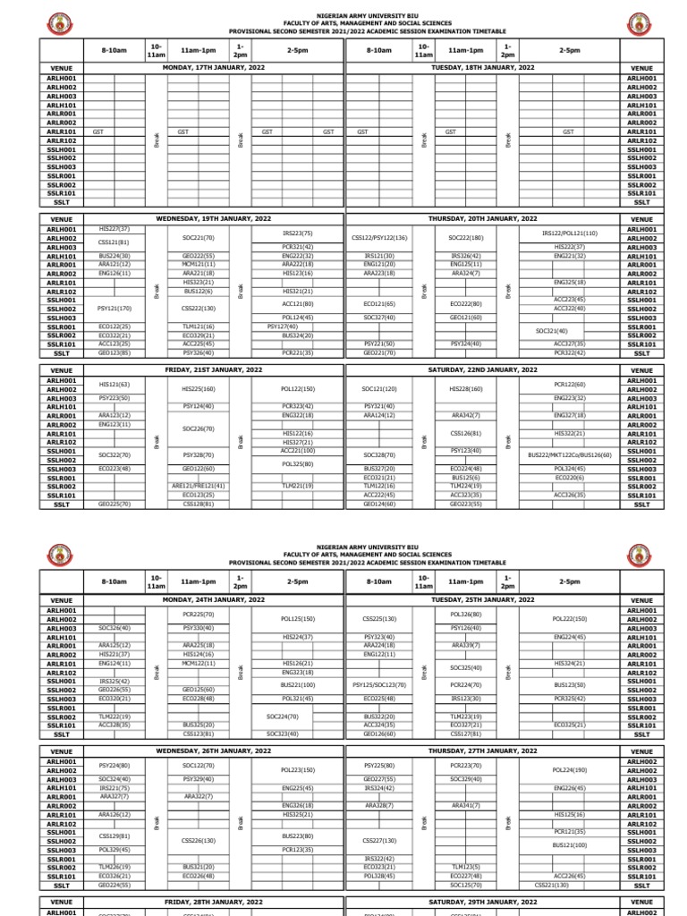 Provisional Second Semester Examination Timetable 2021-2022 Academic ... Provisional Second Semester Examination Timetable 2021-2022 Academic ...