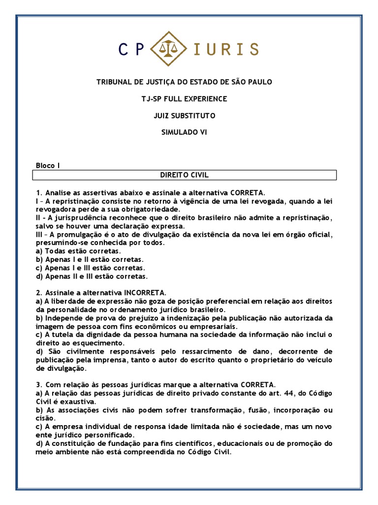 TJ-SP Full Experience - Juiz Substituto - Simulado VI (Sem Gabarito ...