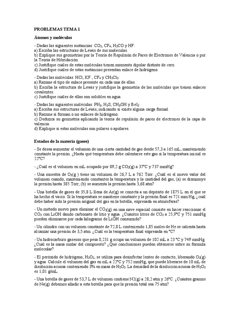 Problemas Tema 1 | PDF | Enlace químico | Gases