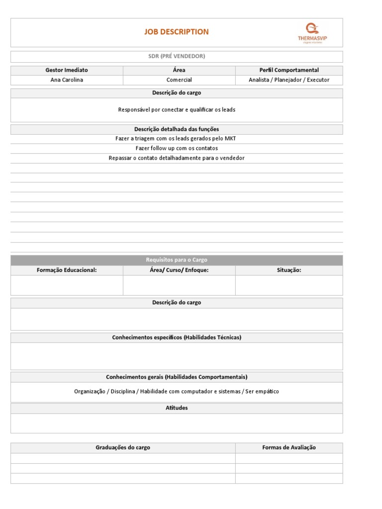 MODELO de Job Description Excel | PDF | Contabilidade | Economias