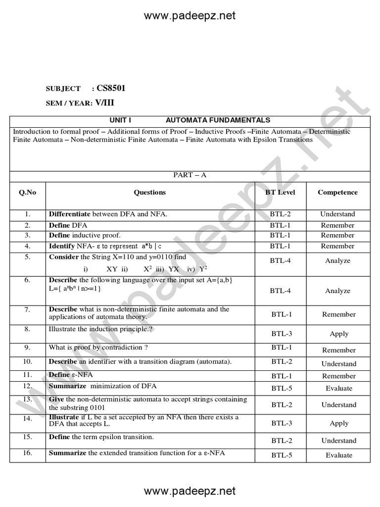 Cs8501 Automata Fundamentals Practice Questions Pdf Computational Complexity Theory Syntax