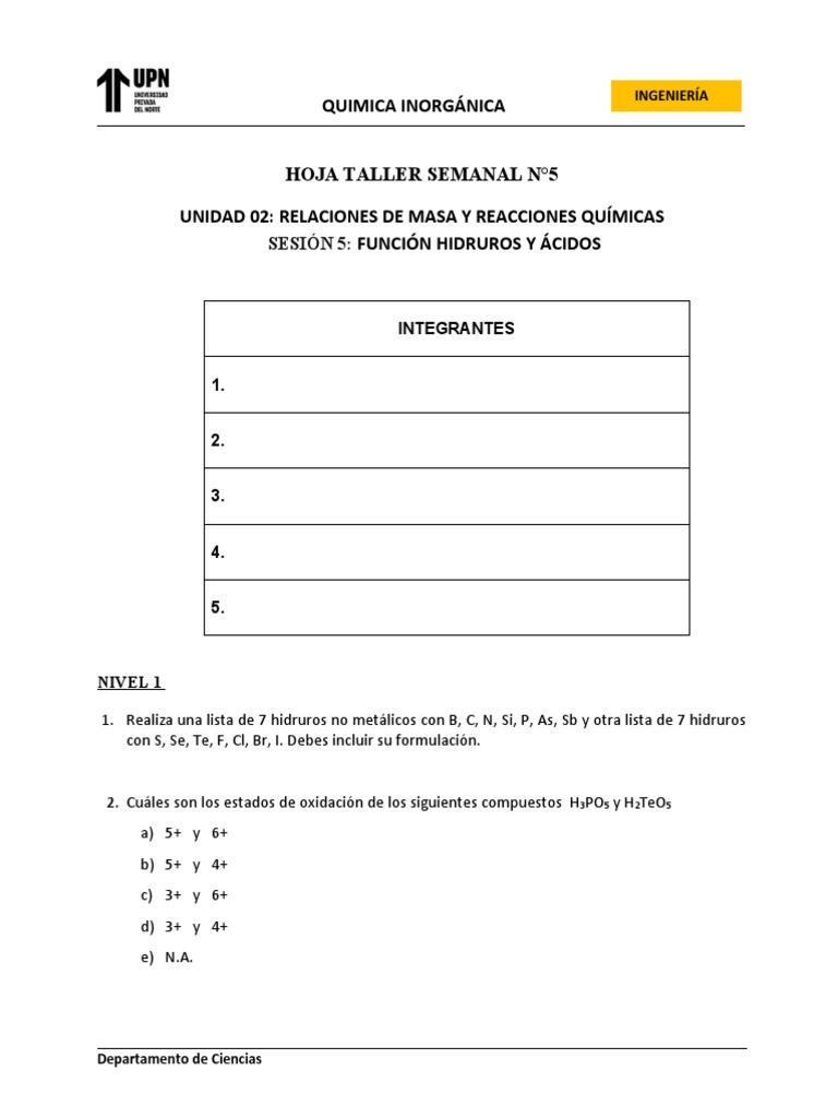 Hoja Taller Grupal #5 Hidruros y Ácidos | PDF | Óxido | Ácido